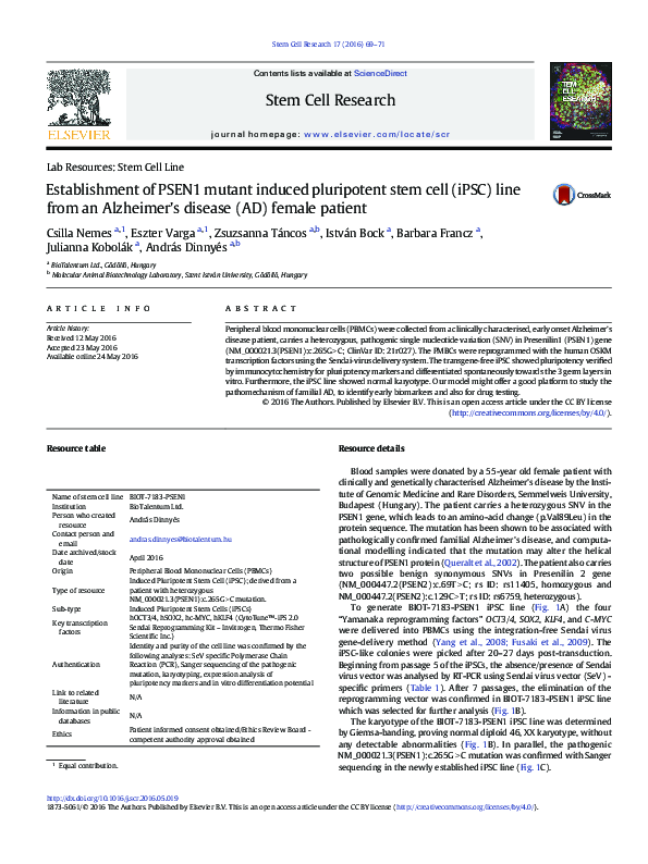 (PDF) Establishment of PSEN1 mutant induced pluripotent stem cell (iPSC ...