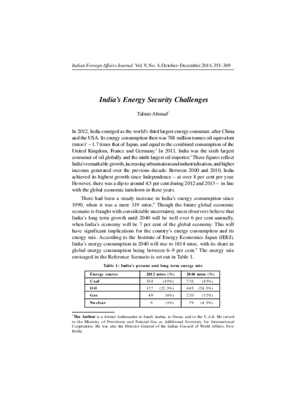 (PDF) India's Energy Security Challenges