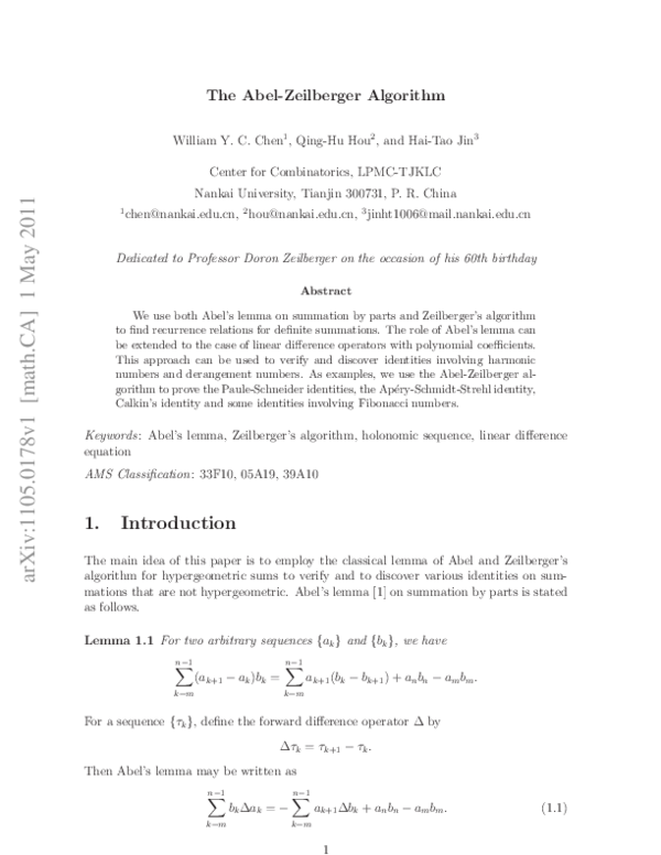 (PDF) The Abel-Zeilberger Algorithm