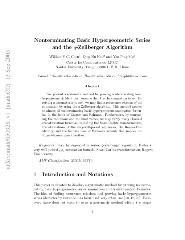 (PDF) Nonterminating Basic Hypergeometric Series and the q-Zeilberger Algorithm