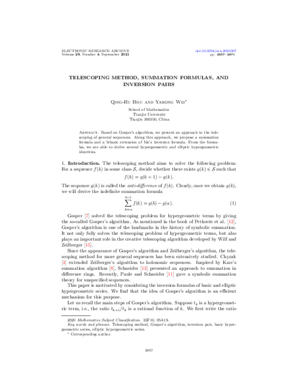 (PDF) Telescoping method, summation formulas, and inversion pairs