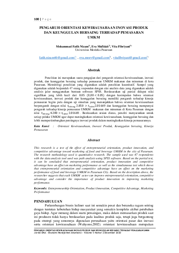 (PDF) Pengaruh Orientasi Kewirausahaan Inovasi Produk Dan Keunggulan Bersaing Terhadap Pemasaran ...