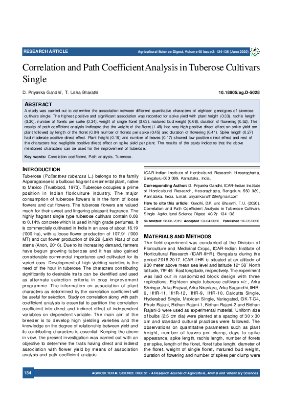 (PDF) Correlation and Path Coefficient Analysis in Tuberose Cultivars Single