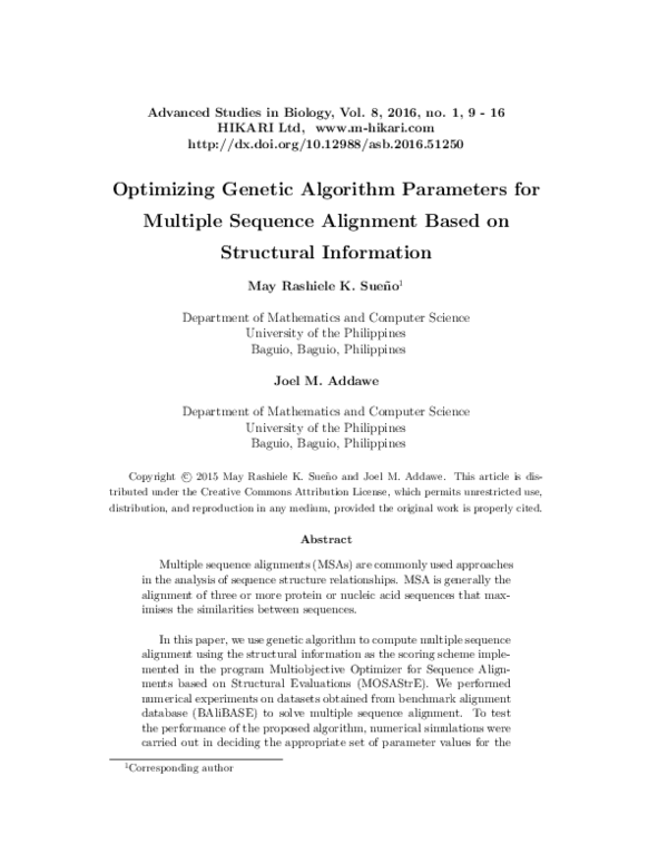Pdf Optimizing Genetic Algorithm Parameters For Multiple Sequence Alignment Based On 