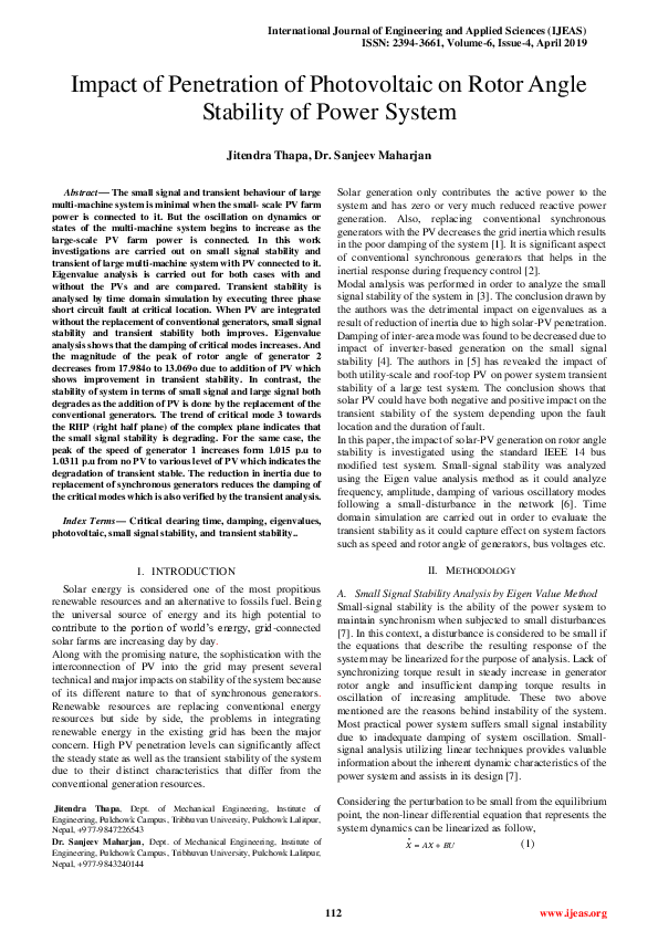 (PDF) Impact of Penetration of Photovoltaic on Rotor Angle Stability of Power System
