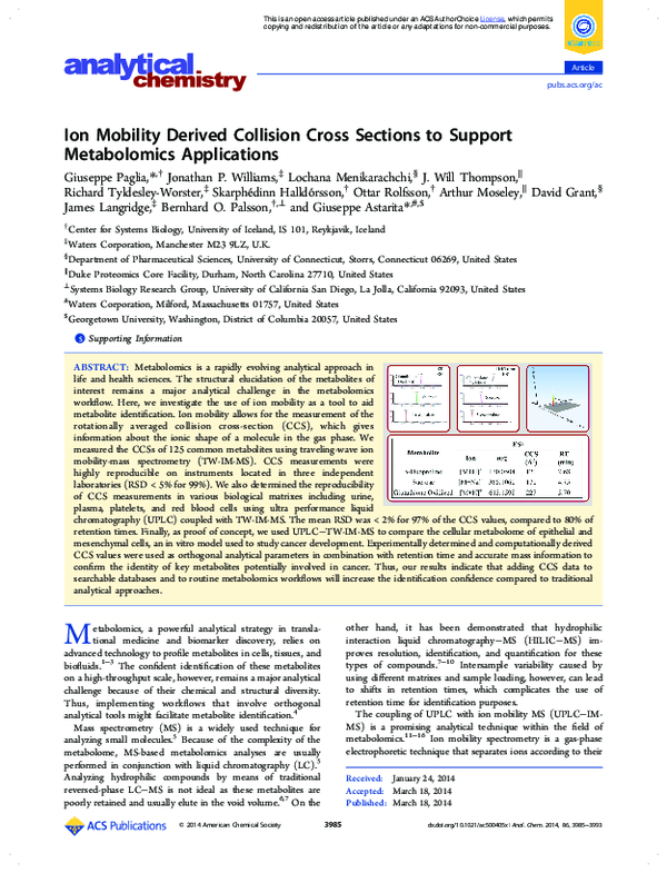 (PDF) Ion Mobility Derived Collision Cross Sections to Support Metabolomics Applications