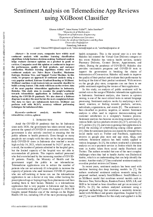 Pdf Sentiment Analysis On Telemedicine App Reviews Using Xgboost