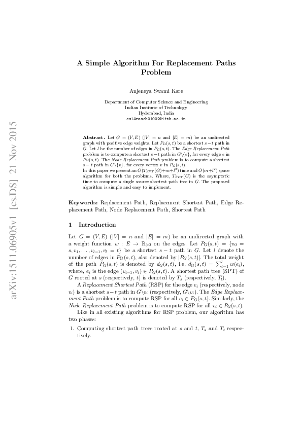 (PDF) A Simple Algorithm For Replacement Paths Problem