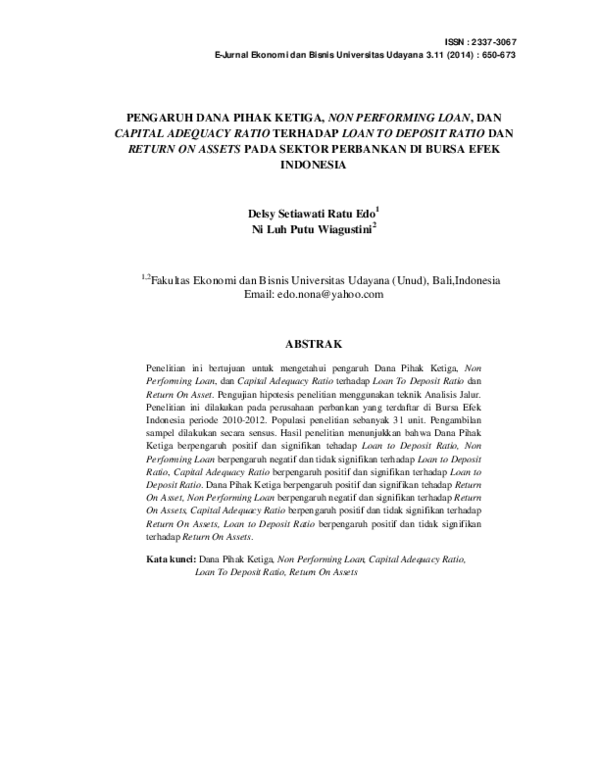 (PDF) Pengaruh Dana Pihak Ketiga, Non Performing Loan, Dan Capital Adequacy Ratio Terhadap Loan ...