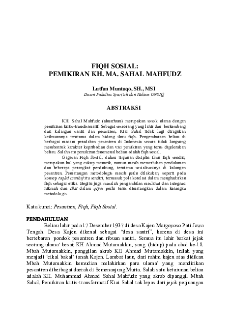 (PDF) FIQH SOSIAL: PEMIKIRAN KH. MA. SAHAL MAHFUDZ