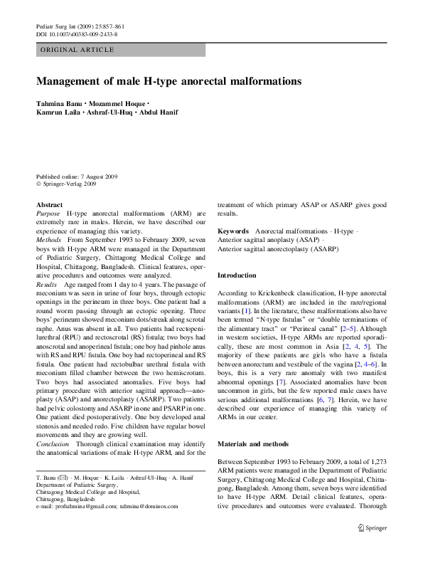 (PDF) Management of male H-type anorectal malformations | Mozammel ...