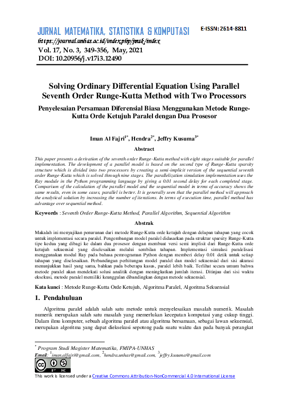 Pdf Solving Ordinary Differential Equation Using Parallel Fourth Order Runge Kutta Method With