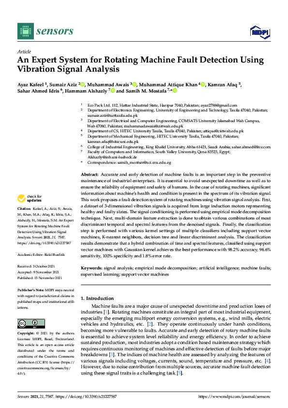 Pdf An Expert System For Rotating Machine Fault Detection Using Vibration Signal Analysis
