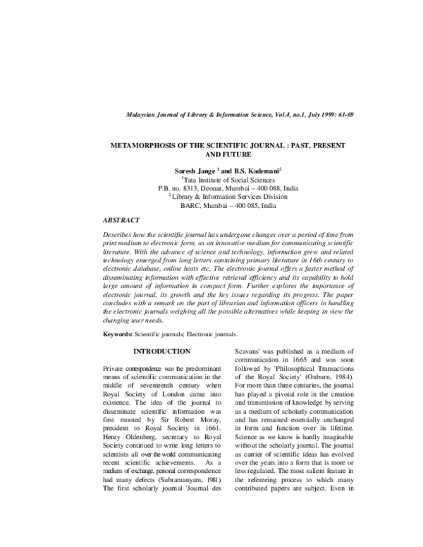 (PDF) Metamorphosis of the Scientific Journal: Past, Present and Future