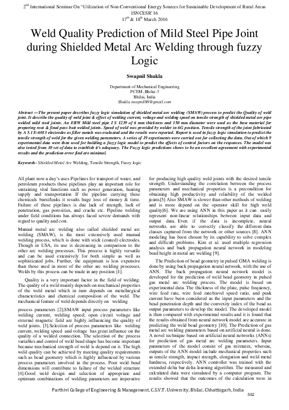 (PDF) Weld Quality Prediction of Mild Steel Pipe Joint during Shielded Metal Arc Welding through ...