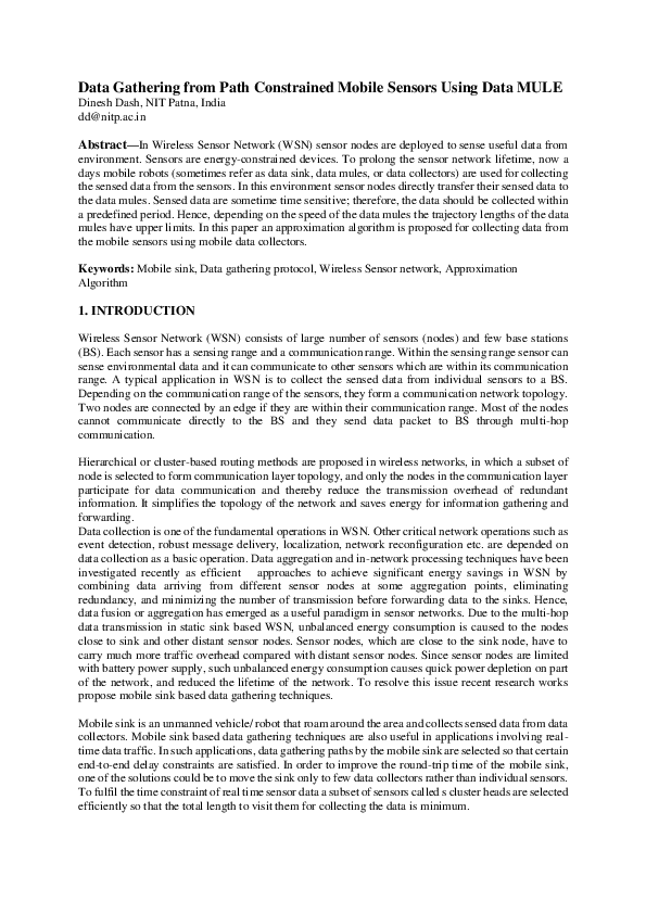 Pdf Data Gathering From Path Constrained Mobile Sensors Using Data Mule
