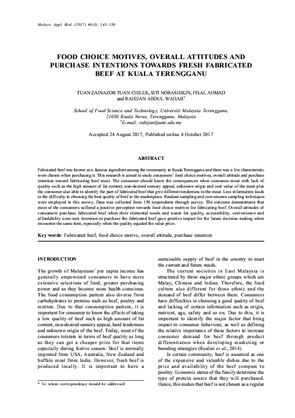 (PDF) Food choice motives, overall attitudes andpurchase intentions ...