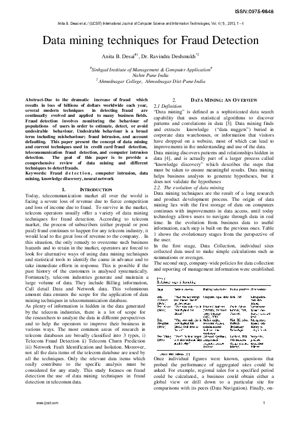 (PDF) Data mining techniques for Fraud Detection