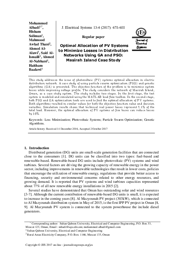 (PDF) Optimal allocation of PV systems to minimize losses in distribution networks using GA and ...