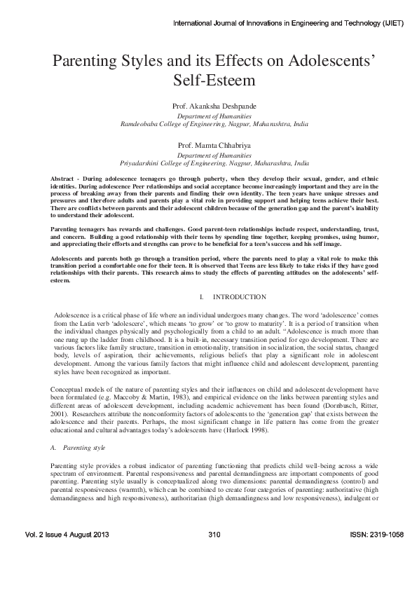 (PDF) Parenting Styles and its Effects on Adolescents’ Self-Esteem