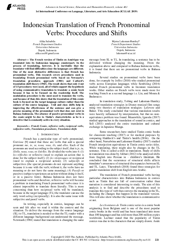 (PDF) Indonesian Translation of French Pronominal Verbs: Procedures and Shifts