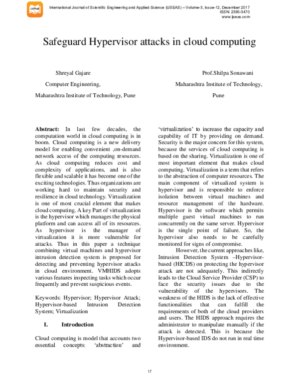 (PDF) Safeguard Hypervisor attacks in cloud computing