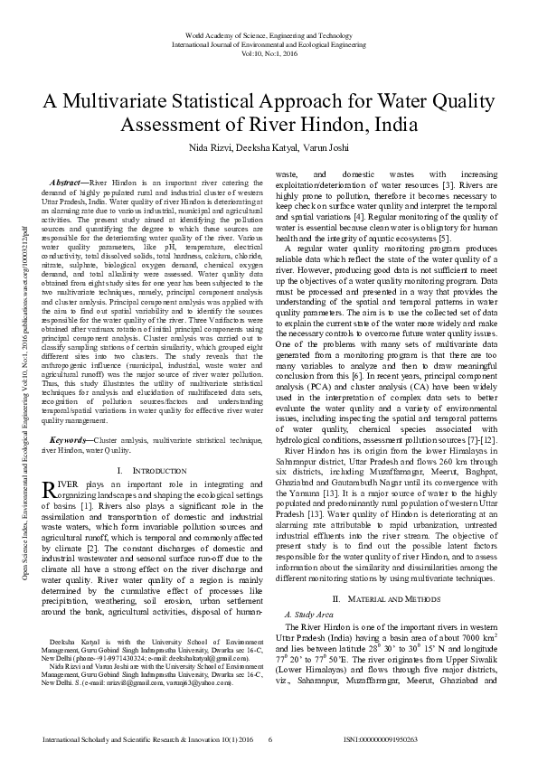 (PDF) A Multivariate Statistical Approach for Water Quality Assessment ...
