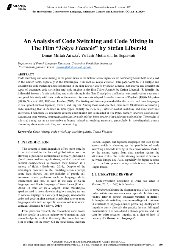 (PDF) An Analysis of Code Switching and Code Mixing in The Film “Tokyo Fiancée” by Stefan Liberski