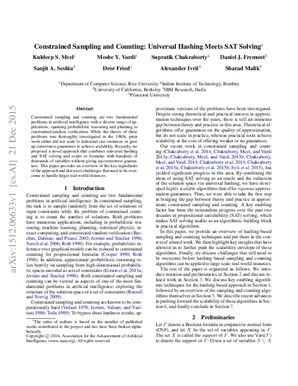 (PDF) Constrained Sampling and Counting: Universal Hashing Meets SAT Solving