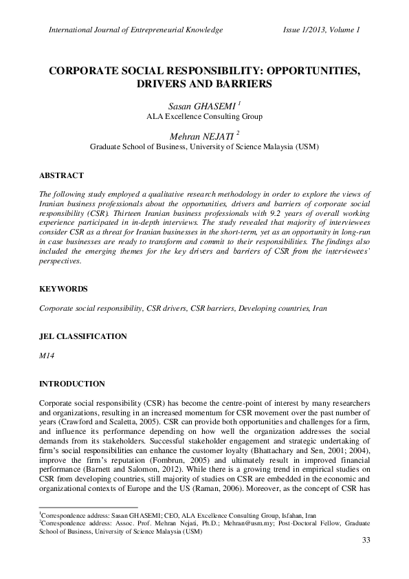 (PDF) Corporate Social Responsibility: Opportunities, Drivers and Barriers