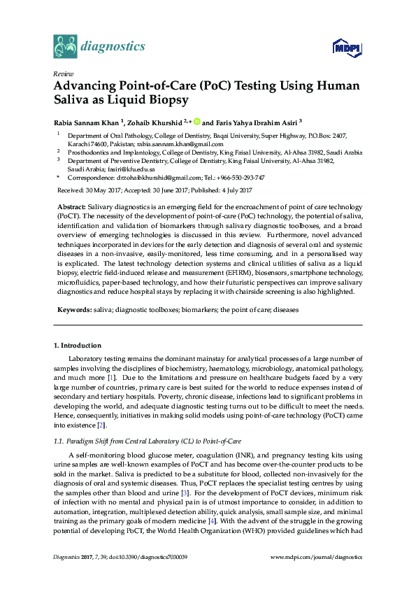 (PDF) Advancing Point-of-Care (PoC) Testing Using Human Saliva as ...