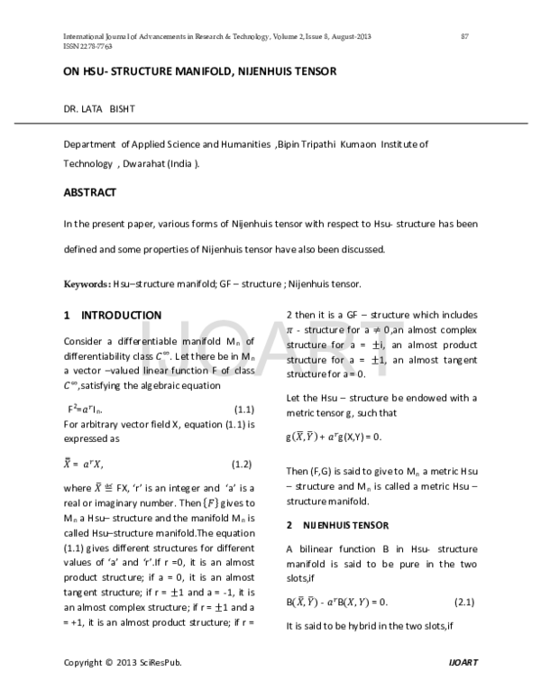 (PDF) On Hsu- Structure Manifold, Nijenhuis Tensor