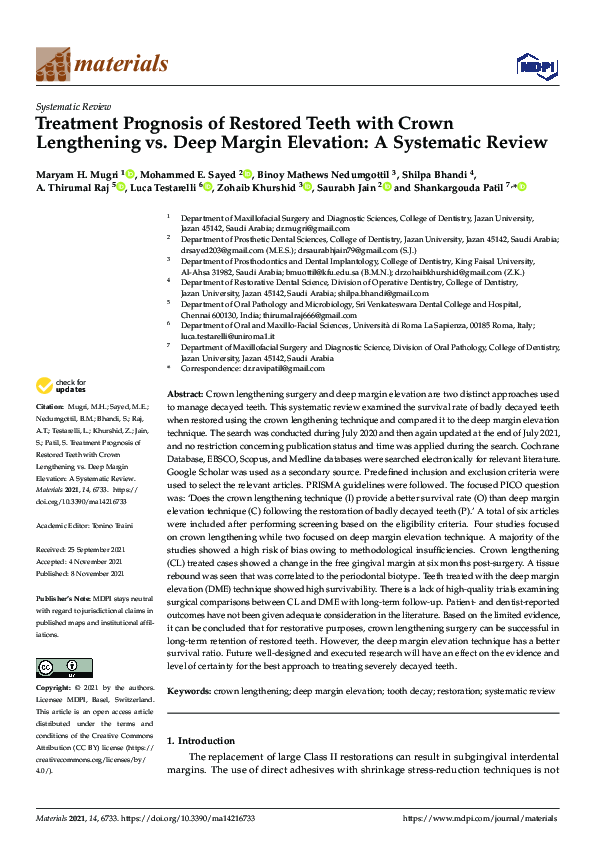 (PDF) Treatment Prognosis of Restored Teeth with Crown Lengthening vs. Deep Margin Elevation: A ...