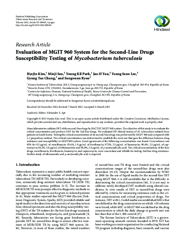 (PDF) Evaluation of MGIT 960 System for the Second-Line Drugs ...