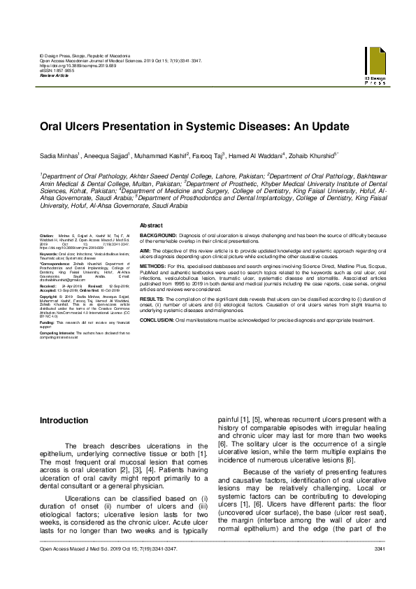 (PDF) Oral Ulcers Presentation in Systemic Diseases: An Update
