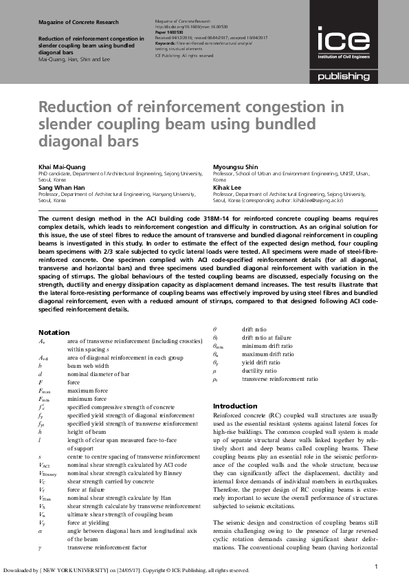 (PDF) Reduction of reinforcement congestion in slender coupling beam ...