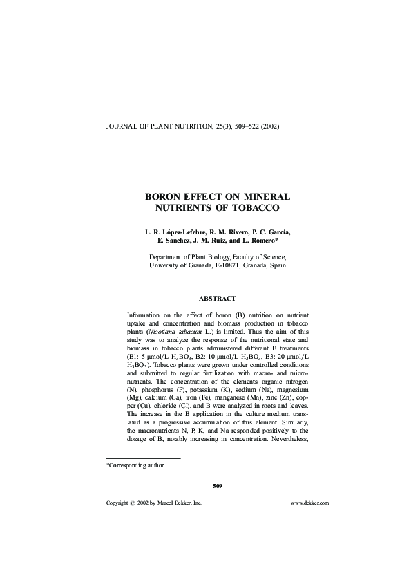 (PDF) Boron Effect on Mineral Nutrients of Tobacco