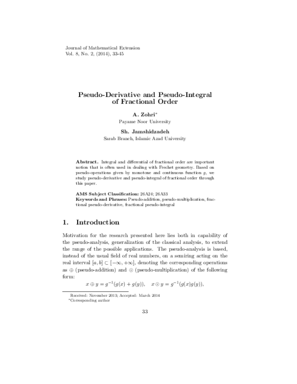 Pdf Pseudo Derivative And Pseudo Integral Of Fractional Order