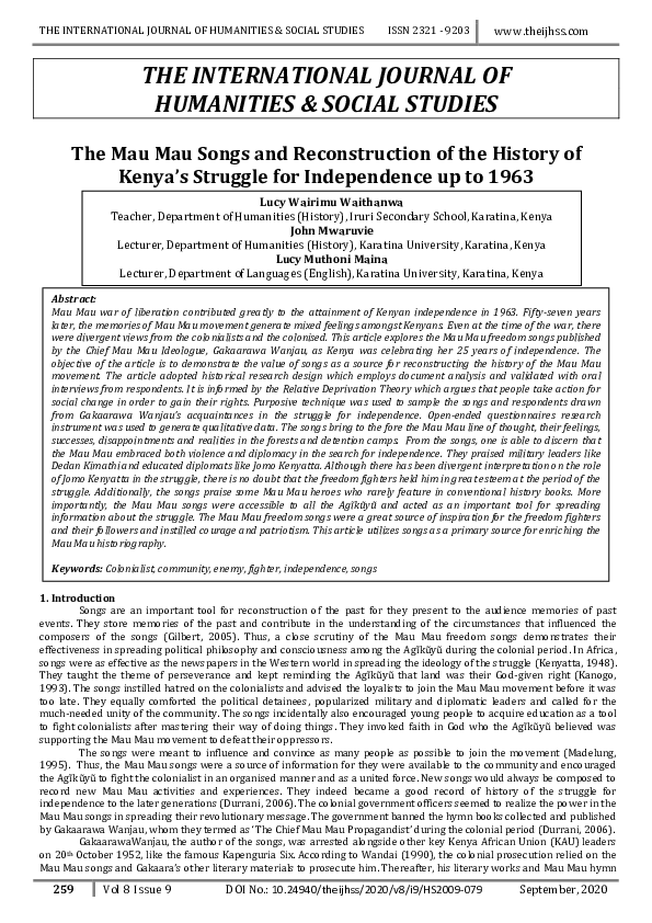 (PDF) The Mau Mau Songs and Reconstruction of the History of Kenya’s ...
