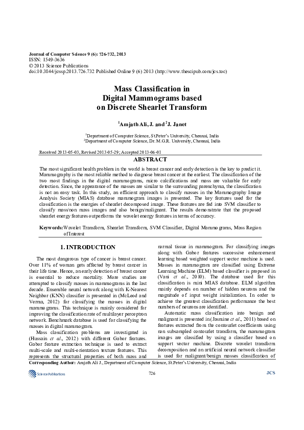 Pdf Mass Classification In Digital Mammograms Based On Discrete Shearlet Transform