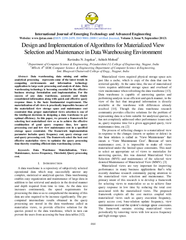 (PDF) Design and Implementation of Algorithms for Materialized View Selection and Maintenance in ...