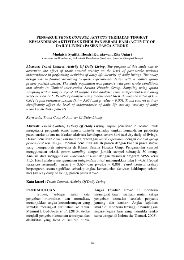 (PDF) Pengaruh Trunk Control Activity Terhadap Tingkat Kemandirian ...