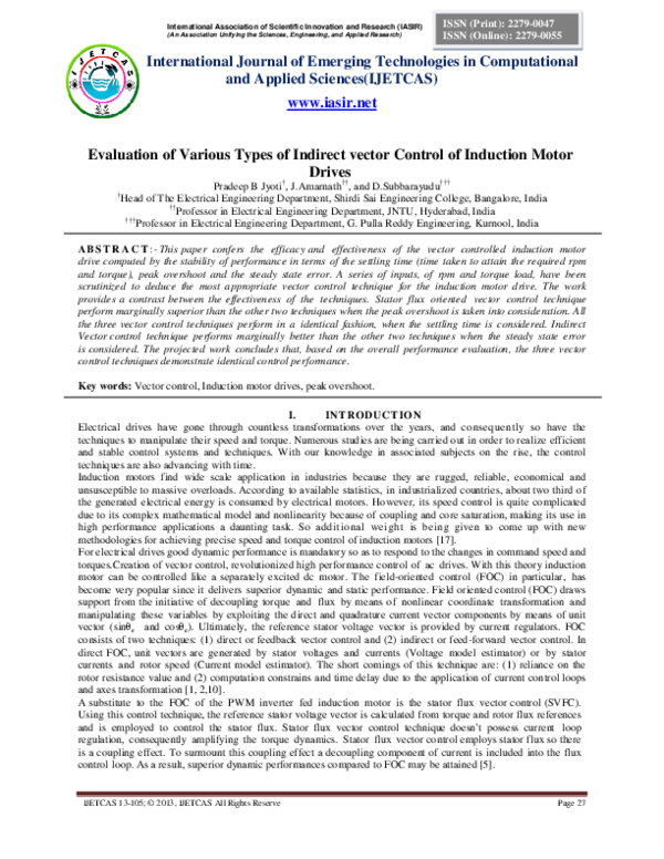 Pdf Evaluation Of Various Types Of Indirect Vector Control Of Induction Motor Drives
