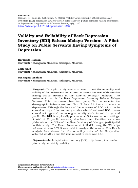 (PDF) Validity and reliability of beck depression inventory (BDI) bahasa melayu version