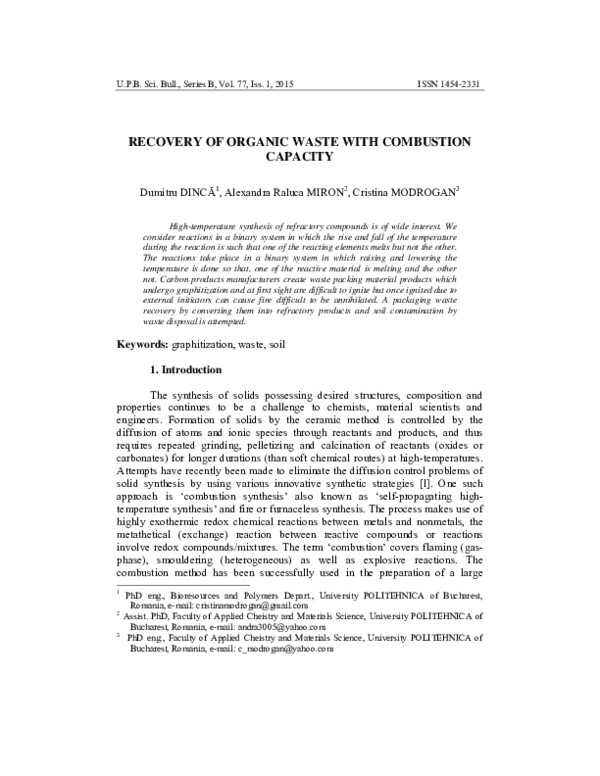 (PDF) Recovery of Organic Waste with Combustion Capacity