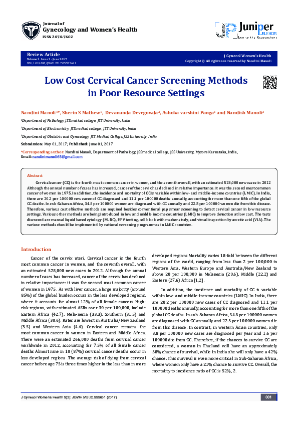 (PDF) Low-Cost Cervical Cancer Screening Methods in Poor Resource Settings