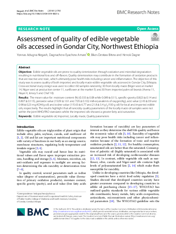 (PDF) Assessment of quality of edible vegetable oils accessed in Gondar ...