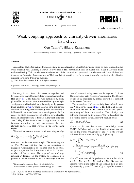 Pdf Weak Coupling Approach To Chirality Driven Anomalous Hall Effect