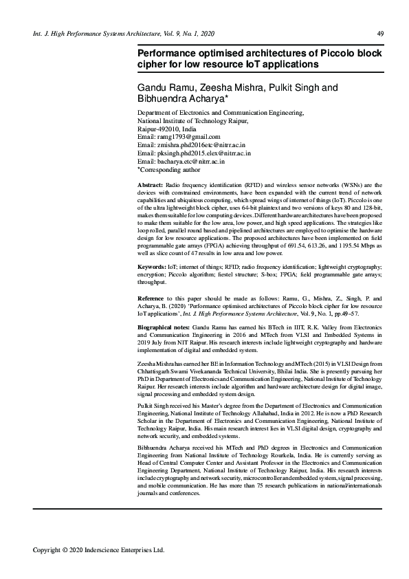 Pdf Performance Optimised Architectures Of Piccolo Block Cipher For Low Resource Iot Applications