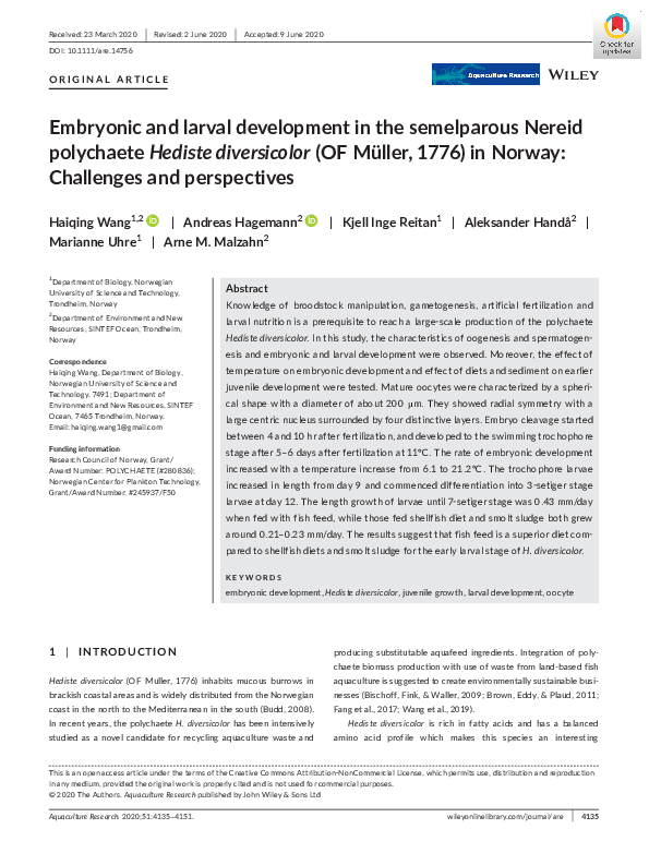 (PDF) Embryonic and larval development in the semelparous Nereid ...